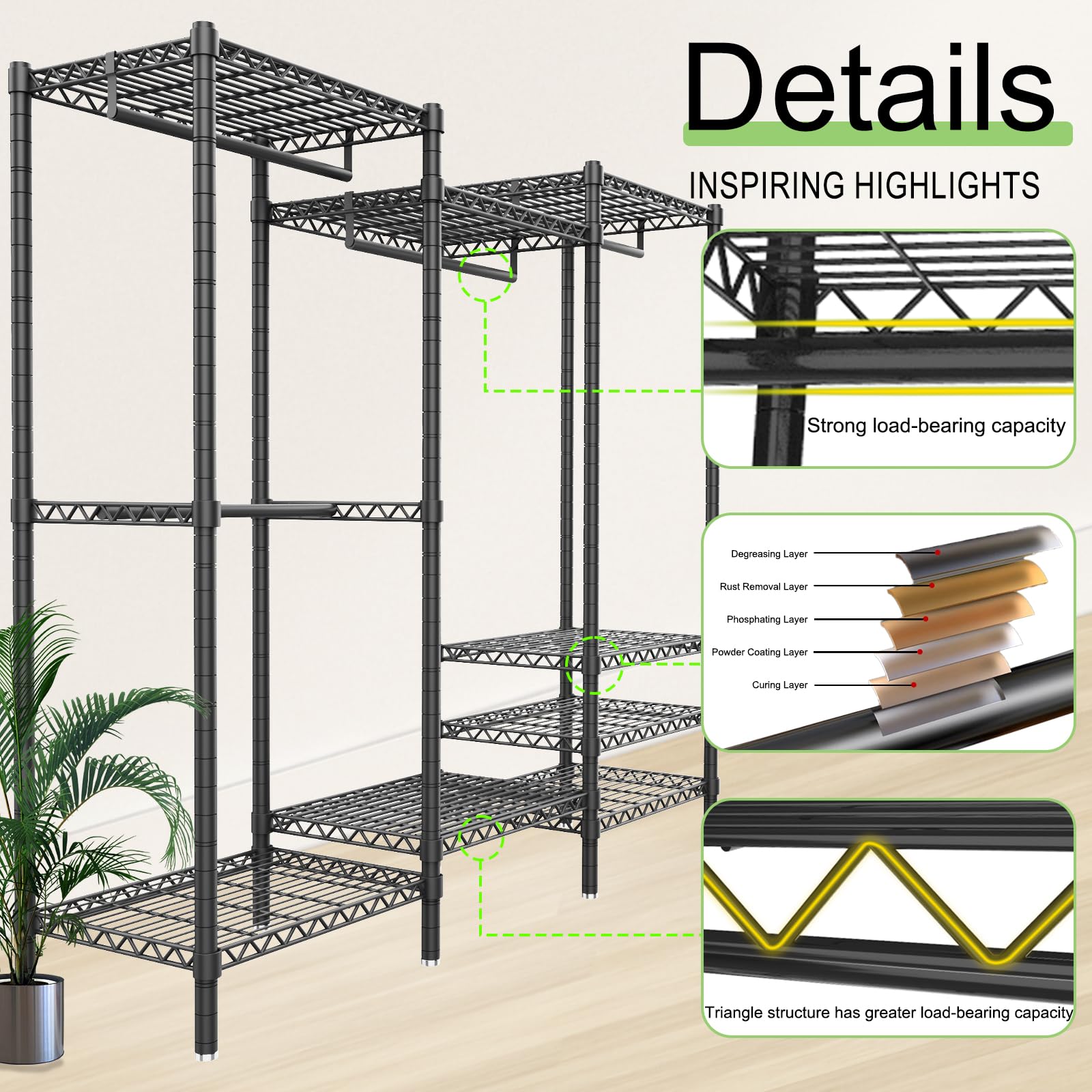 Portable Closet Wardrobe Heavy Duty Clothes Rack,Freestanding Closet Organizer,Multi-Functional Bedroom Clothing Rack with 5 Hanger Rod,8 Shelves,Adjustable Closet Organizers And Storage, Black