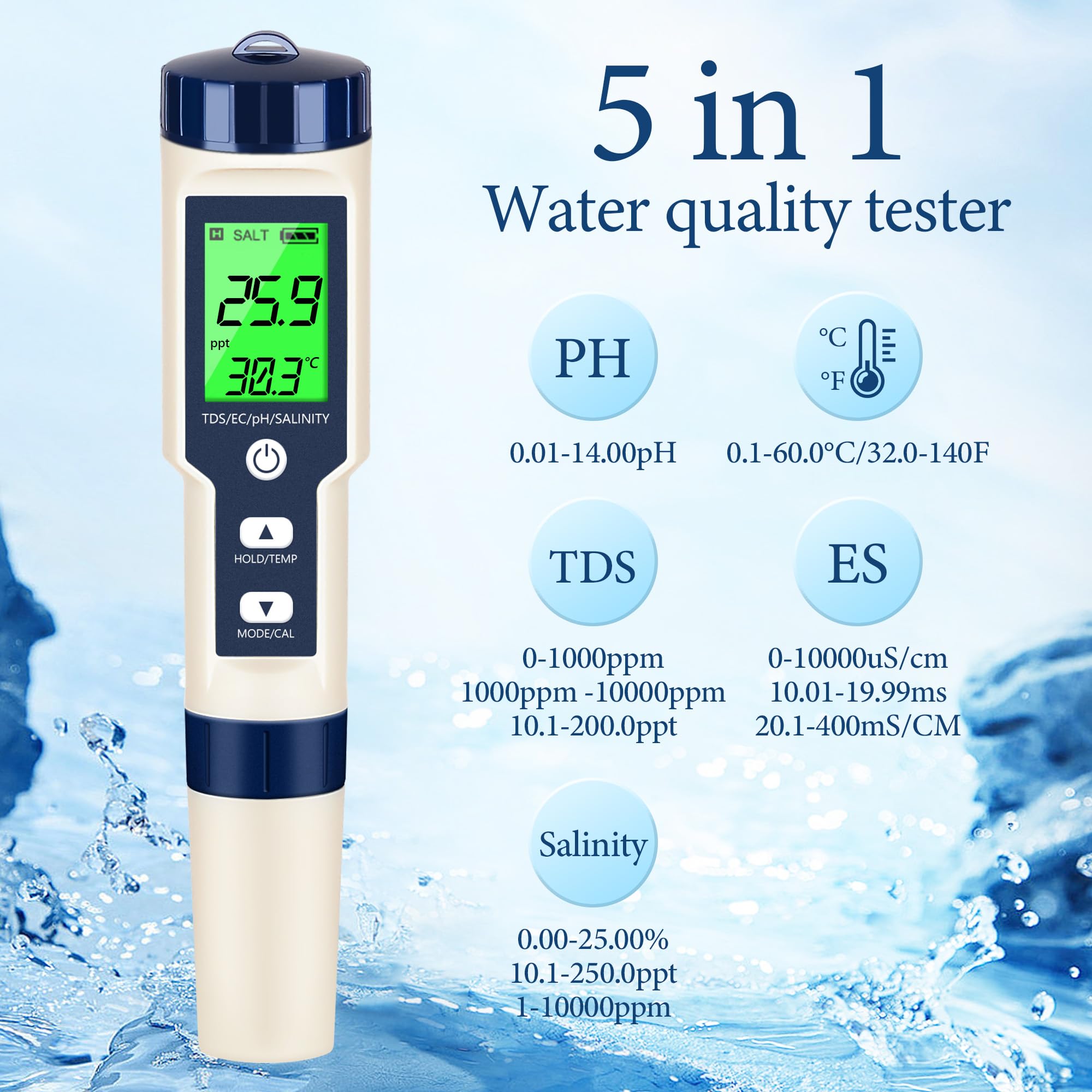 pH Meter for Water,Pool Water Tester 5 in 1 pH/TDS/Salinity/Temp&EC Meter,IP67 Waterproof pH Tester,TDS Meter Digital Water Tester with Backlit,Salt Water Pool Testing Kit for Aquarium & Seawater.