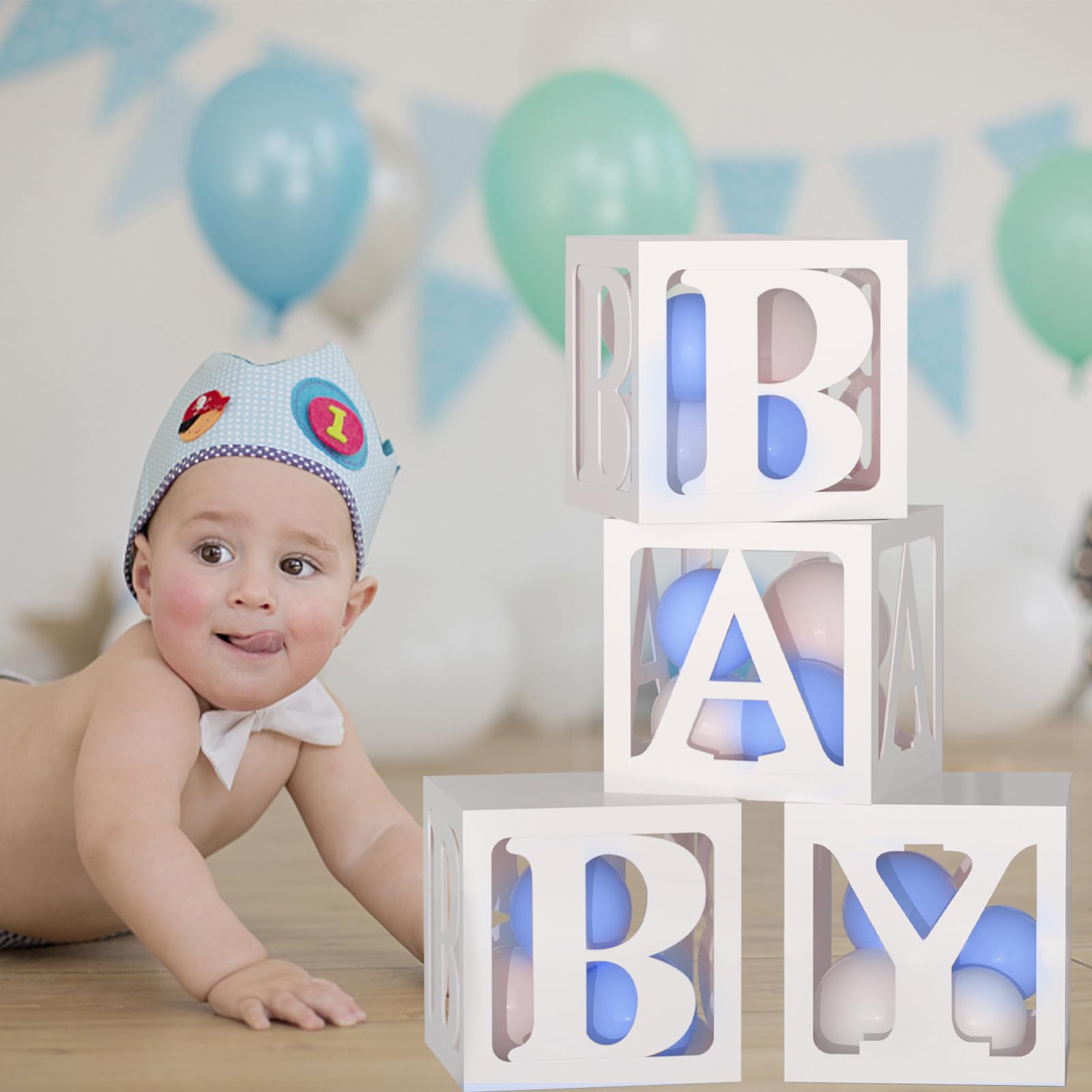 JHSDSCZ Baby Boxes with Letters for Baby Shower,White Clear Balloon Blocks for Gender Reveal Decorations Baby Shower Birthday Party Decorations(White)