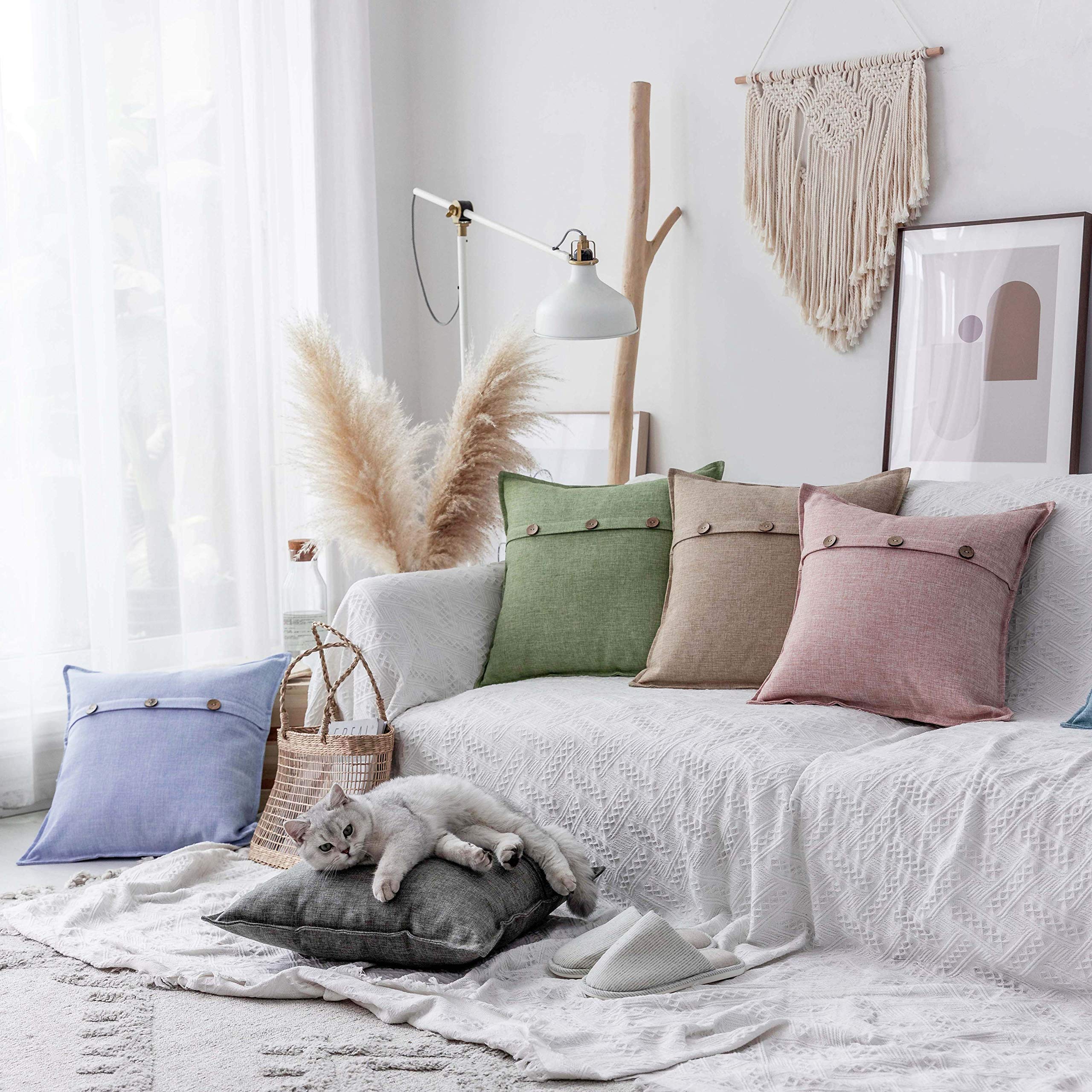 Home Brilliant Decorative Throw Pillow Covers 18 x 18 Farmhouse Rustic Button Lined Linen Throw Pillows for Couch, Set of 2, 18x18 inch(45x45cm), Light Grey