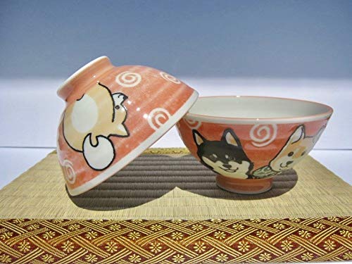 Mino Ware Japanese Shiba Dog Red Rice Bowl Set 4.92 Inches Diameter Authentic Ceramic Chawan Set of 2 Bowls from Japan