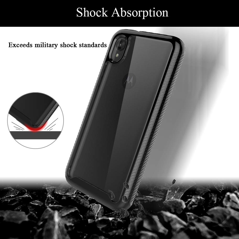 HATOSHI Motorola Moto E6 Case with Built-in Screen Protector, Heavy Duty Protection Crystal Clear Back Shockproof Rubber Bumper Protective Phone Case Cover for Moto E6 5.5 inches -Black