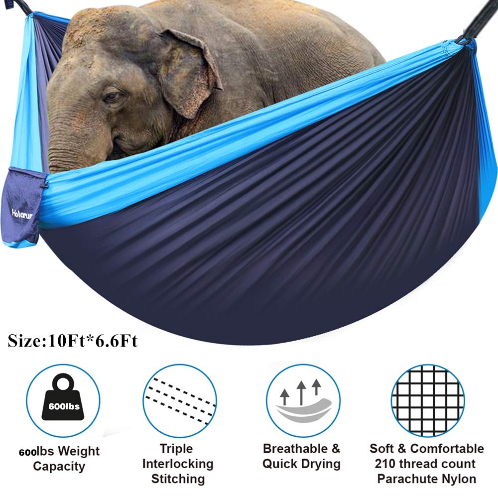 Holarun Camping Hammock Double Portable Hammocks with Lightweight 210T Nylon Parachute, Two Person Hammock Tree Straps for Backpacking, Hiking Gear, Outdoor, Travel, Beach - Navy Blue