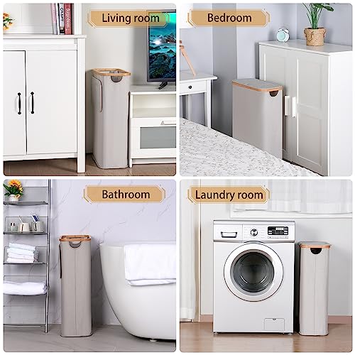iEGrow 60L Slim Laundry Hamper With Lid, Foldable Clothes Basket with Bamboo Handles and Removable Inner Bag, Light Grey