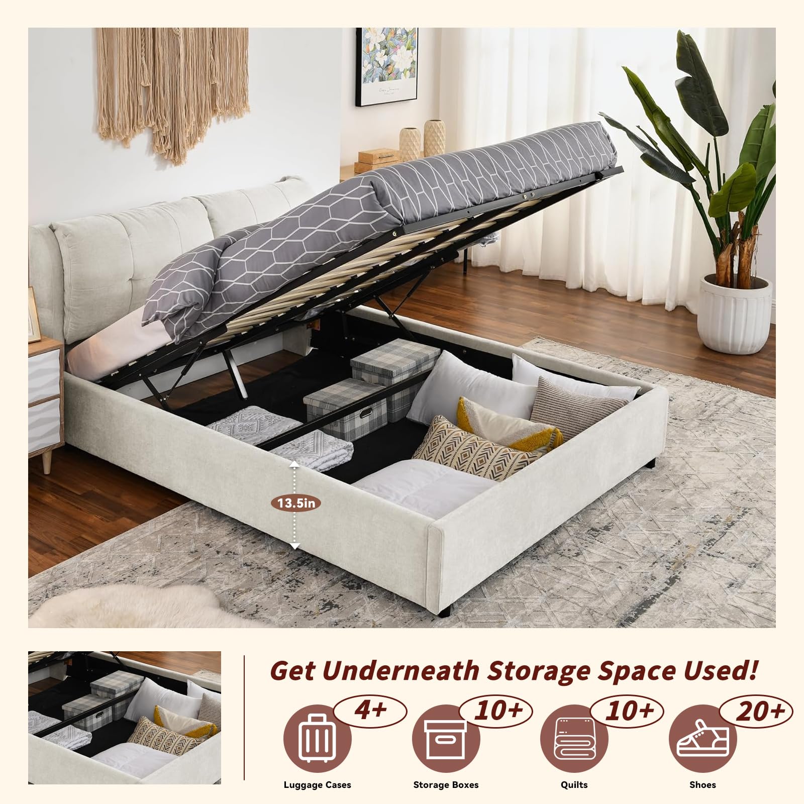 SmartEdge Lift Up Storage Bed Queen with Hydraulic Storage System, Queen Size Chenille Upholstered Platform Bed Frame with Soft Headboard, Wood Slats Support, No Box Spring Needed, Beige