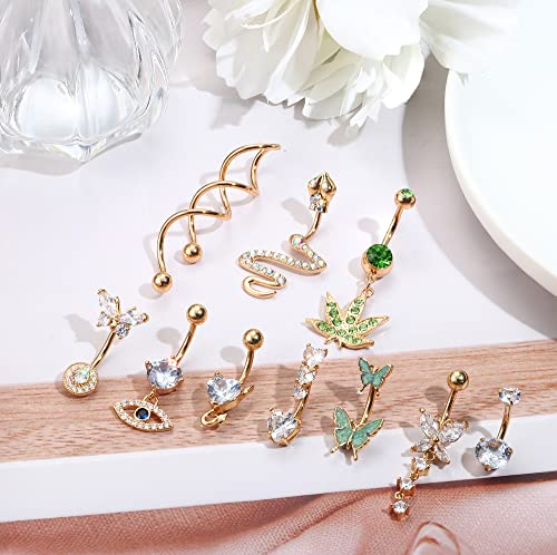LOLIAS 14G Belly Button Ring Dangling 14K Gold Plated Classic Paved CZ Navel Rings Trendy Snake Butterfly Belly Button Rings Pack for Women,Gold