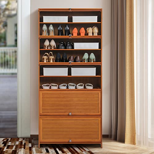 MoNiBloom Large Shoe Storage Cabinet with Doors, 10 Tier Bamboo Free Standing Shoes Shelf Organizer Stand for More Than 40 Pairs for Entryway, Hallway, Brown