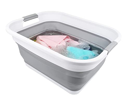 SAMMART 36L (9.5 gallon) Collapsible Plastic Laundry Basket - Foldable Pop Up Storage Container/Organizer - Portable Washing Tub - Space Saving Hamper/Basket (White/Grey (Set of 2))