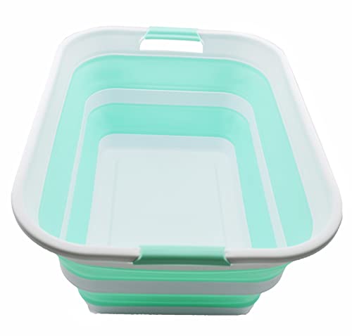 SAMMART 42L Collapsible Plastic Laundry Basket - Foldable Pop Up Storage Container / Organizer - Portable Washing Tub - Space Saving Hamper / Basket (White/Light Green (Set of 2))