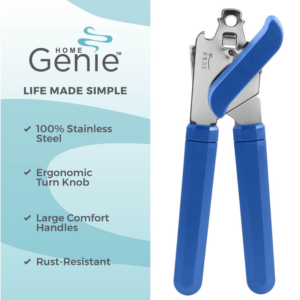 Home Genie Stainless Steel Blade and Rust Resistant Manual Can Opener, HandHeld Easy Turn Knob, Smooth Edge Cut on Lids, Large Handles with Bottle Top Openers, Kitchen Tool Accessories, Pitch Black