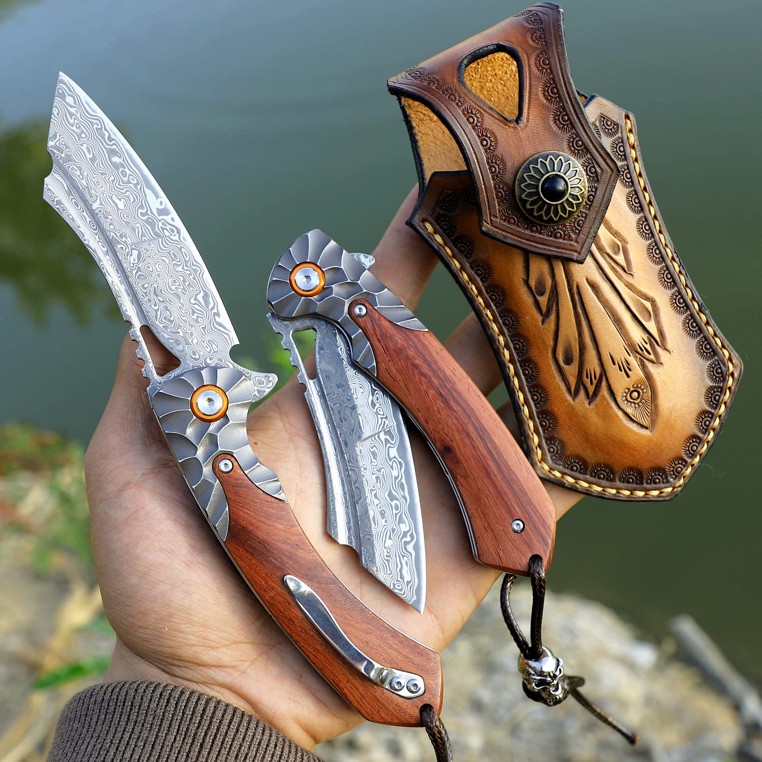 Minowe men's pocket knife Damascus Steel Handmade Folding Knife,3.5 in blade rosewood handle,with leather case ,Liner Lock Steel ball bearings,pocket clip ,EDC Camping Outdoor Survival Knife