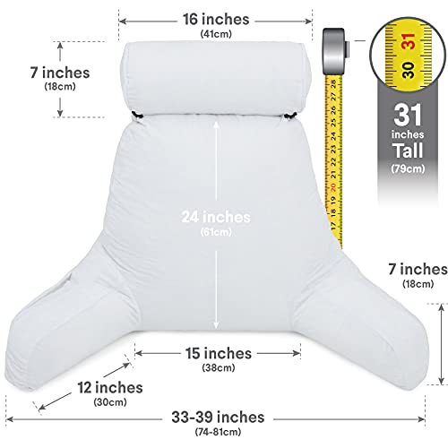 Husband Pillow Combo - Backrest Pillow with Arms : XXL White & Lap Desk Bed Tray : Grey - Memory Foam Reading Pillows for Bed w/Removable Neck Roll & Laptop Bed Tray Table
