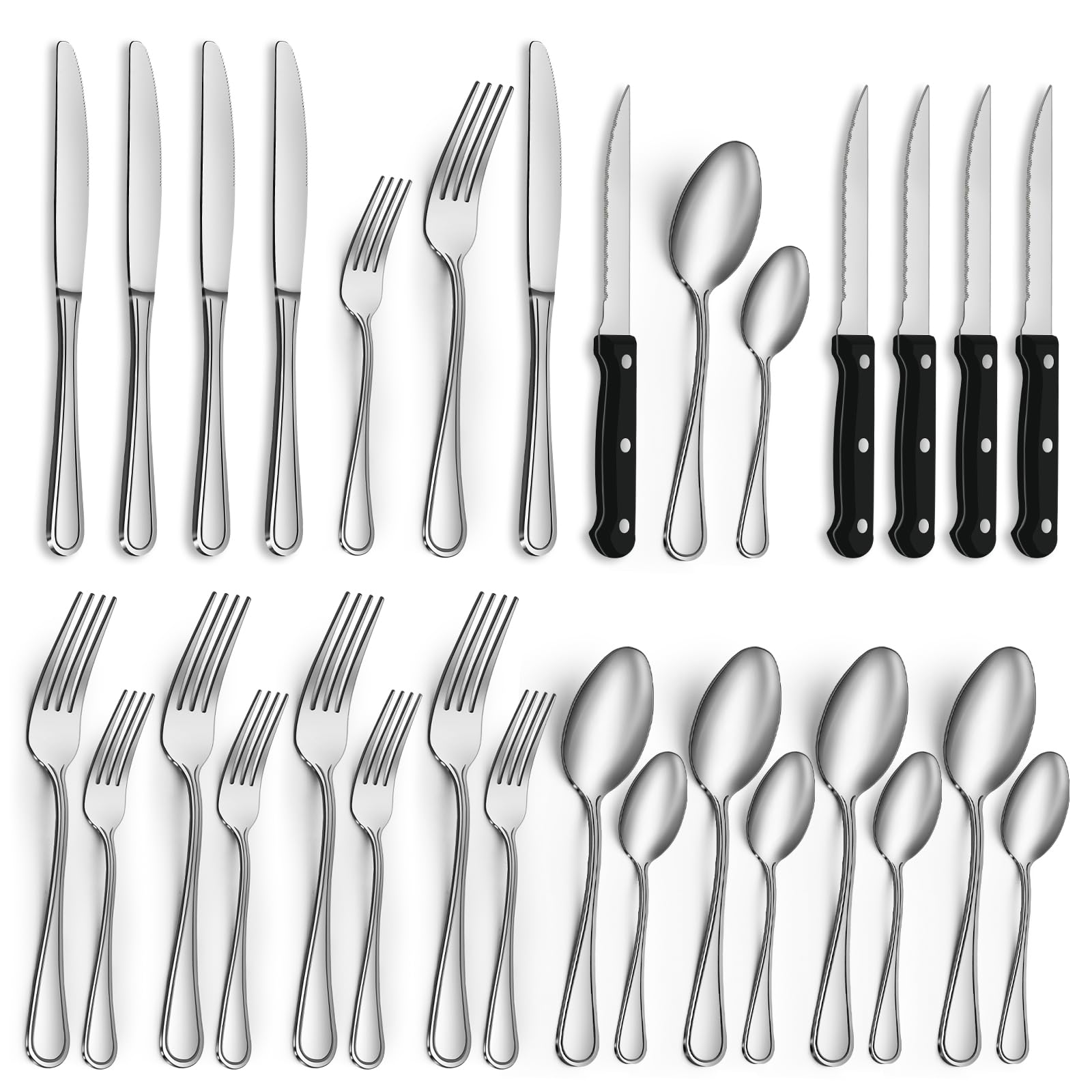 Gifcomda 24 PCS Silverware Set Include 4 Steak Knives Service for 4, Premium Stainless Steel Utensil Sets, Mirror Polished Flatware, Spoons and Forks Set, Dishwasher Safe and Stylish Design