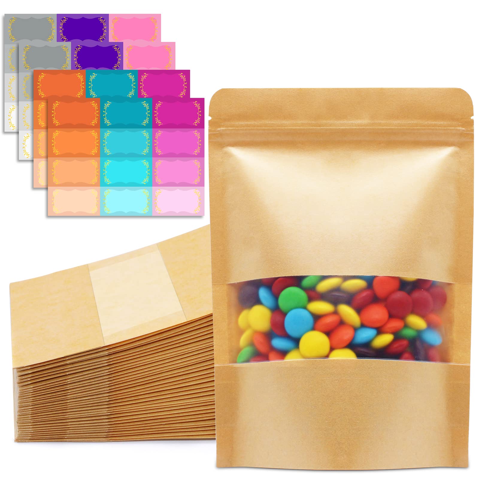 Kraft Bags With Window, 100 pcs 5.5" x 7.8", Stand Up Pouches, Sealable Bags for Packaging, Zip Lock Bags With Stickers and Spoon, For Cookie Bags/Candy Bags/Coffee Bags/Food Storage Bags (Brown)