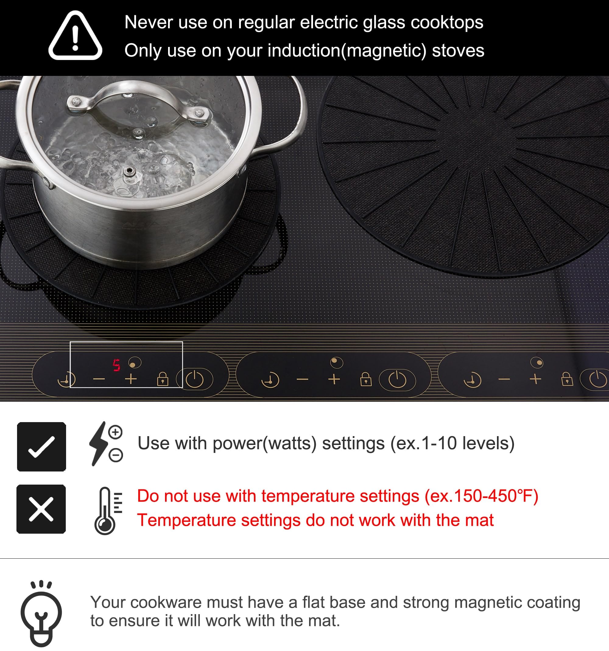 Lazy K Induction Cooktop Mat - Silicone Fiberglass Scratch Protector - for Magnetic Stove - Non Slip Pads to Prevent Pots from Sliding During Cooking (9.4 inches)
