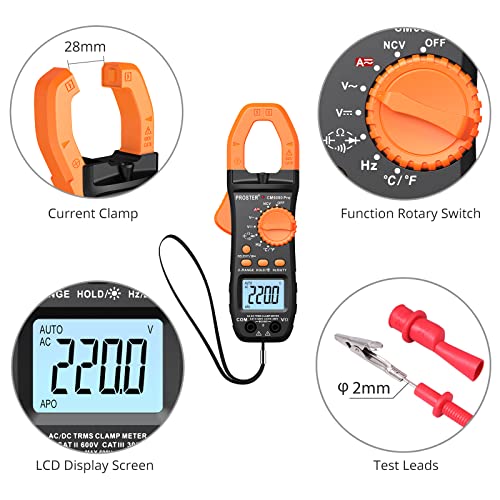 Proster Digital Clamp Meter TRMS 6000counts, 800A DC AC Current AC/DC Voltage NCV Continuity Capacitance Resistance Frequency Diode Hz Test, with1 PairTest Leads 1 Pair Alligator Clips