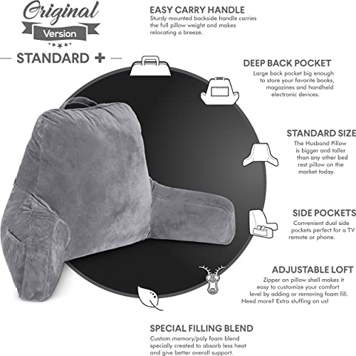 Husband Pillow Combo - Backrest Pillow with Arms : Standard Dark Grey & Lap Desk Bed Tray : Pink - Memory Foam Reading Pillows for Bed & Laptop Bed Tray Table