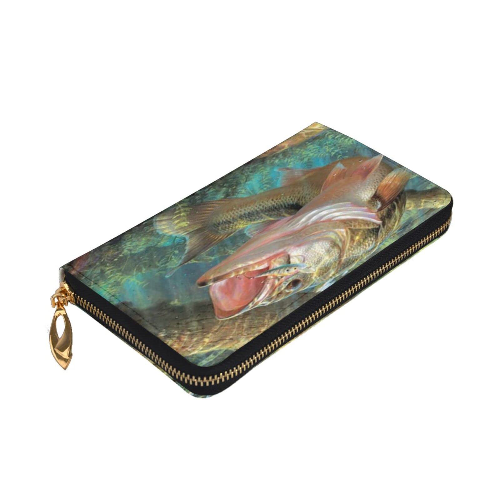 Long Handbag Purse Wristlet Bag Card Holder Wallet-Bass Fish Jumping Hook Leather Wallet for Women Men