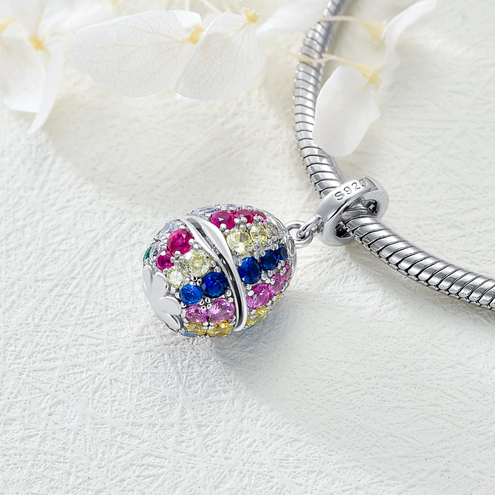LONAGO Easter Egg Charm for Bracelet, 925 Sterling Silver Egg Bead Charm with Pearl Embellished Twelve Synthetic Birthstones Gift for Women Girls