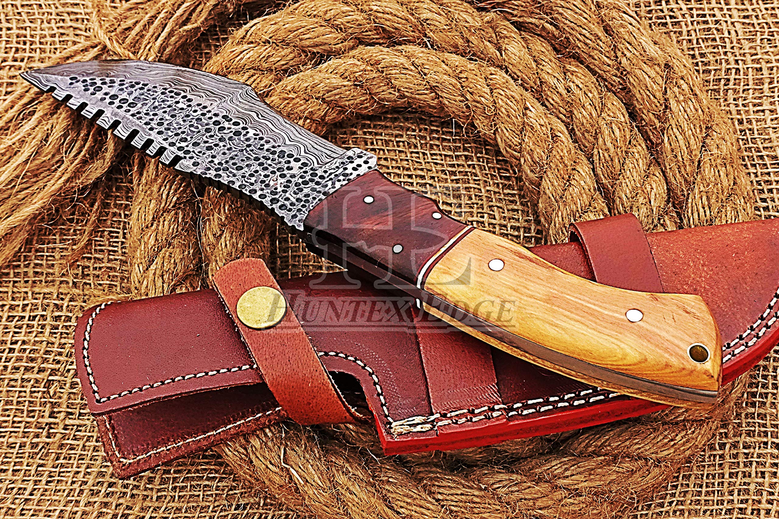 HUNTEX Handmade Exposed Hand-Forged Ladder Pattern Damascus Steel 10 Inch Long Full Tang Oak Wood Handle Razor Sharp Hunting Camping Tracker Knife w/Genuine Leather Pouch