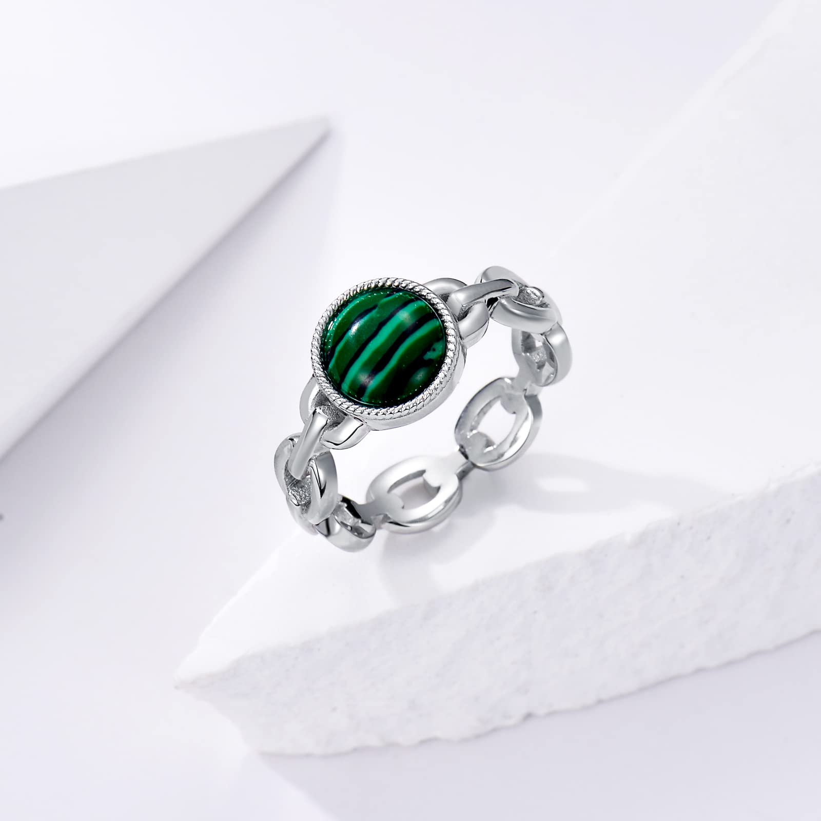 LONAGO Hollow Ring 925 Sterling Silver Round Shaped Created Malachite Rings Jewelry for Women (Size 8)