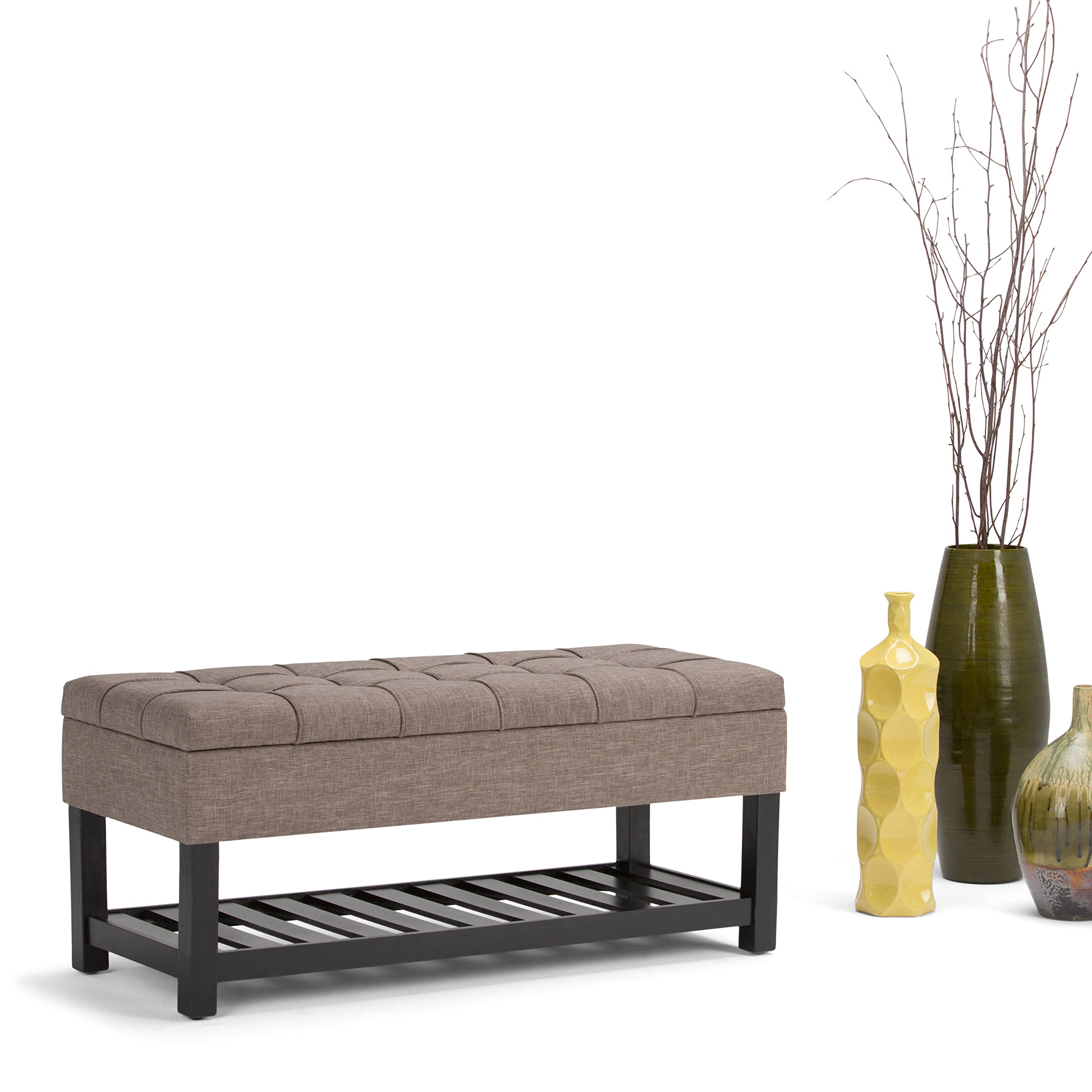 SIMPLIHOME Saxon 43 Inch Wide Transitional Rectangle Storage Ottoman Bench in Fawn Brown Linen Look Fabric, For the Living Room and Bedroom