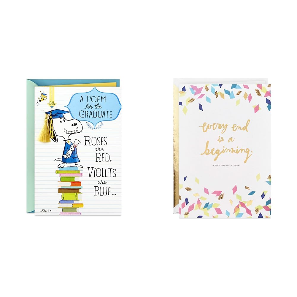 Hallmark Peanuts Graduation Card with Sound (Snoopy, Cap and Gown) & Signature Graduation Card (Every End Is a Beginning Ralph Waldo Emerson Quote)