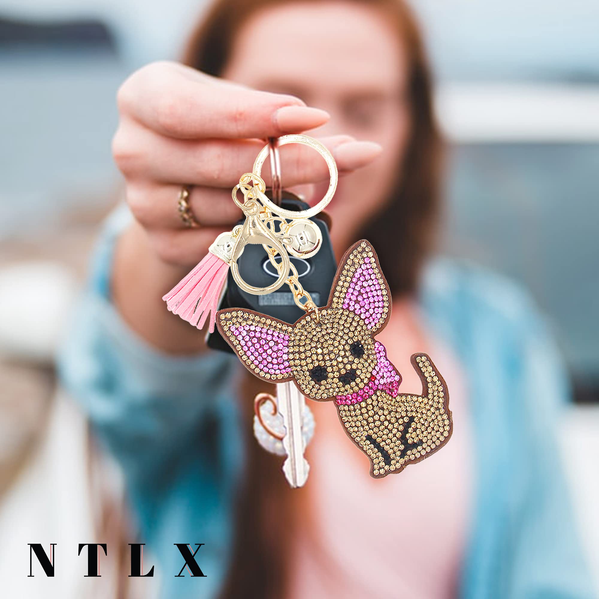 Key Chain Bag Charm – Cute Sparkling Charm for Purses, Luggage, Suitcases, Diaper Bag, and Keys - Gift Box Included, Brown Chihuahua Dog, Medium