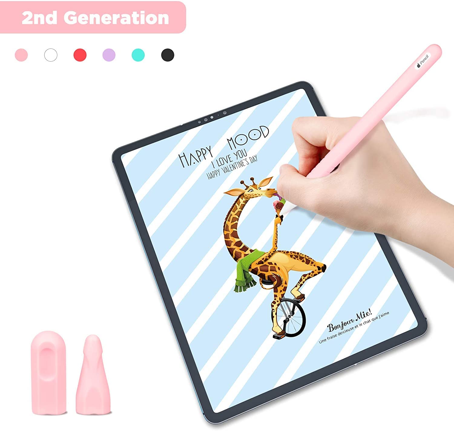 MITERV for Apple Pencil Case Silicone Protective Skin Cover Sleeve Compatible with Apple Pencil 2nd Generation iPad Pro 11 12.9 inch 6 Pack Black/Pink/Red/Mint Green/Light Purple/White