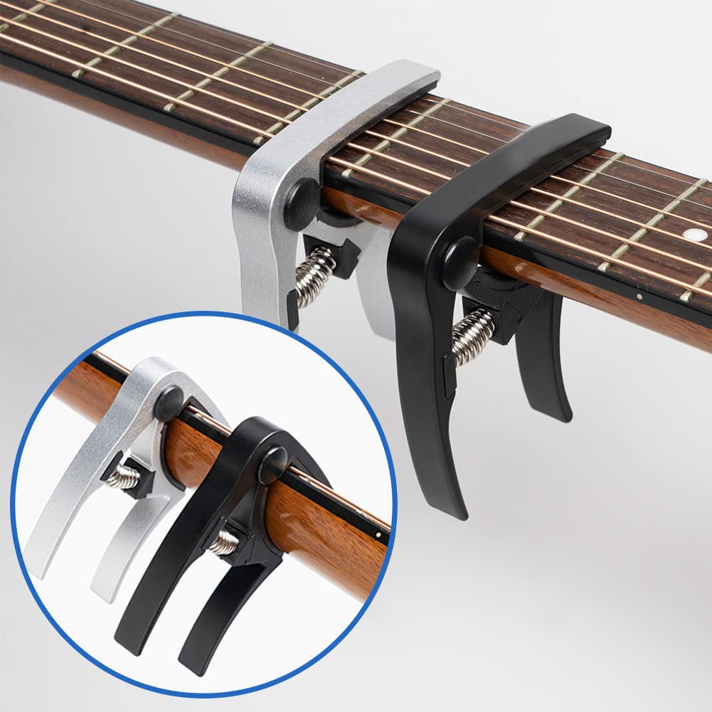 JOYO Guitar Capo Combo Steel Metal Light Weight for Acoustic and Electric Guitar Bass Ukulele Accessories (Black & Silver 2 Pack)