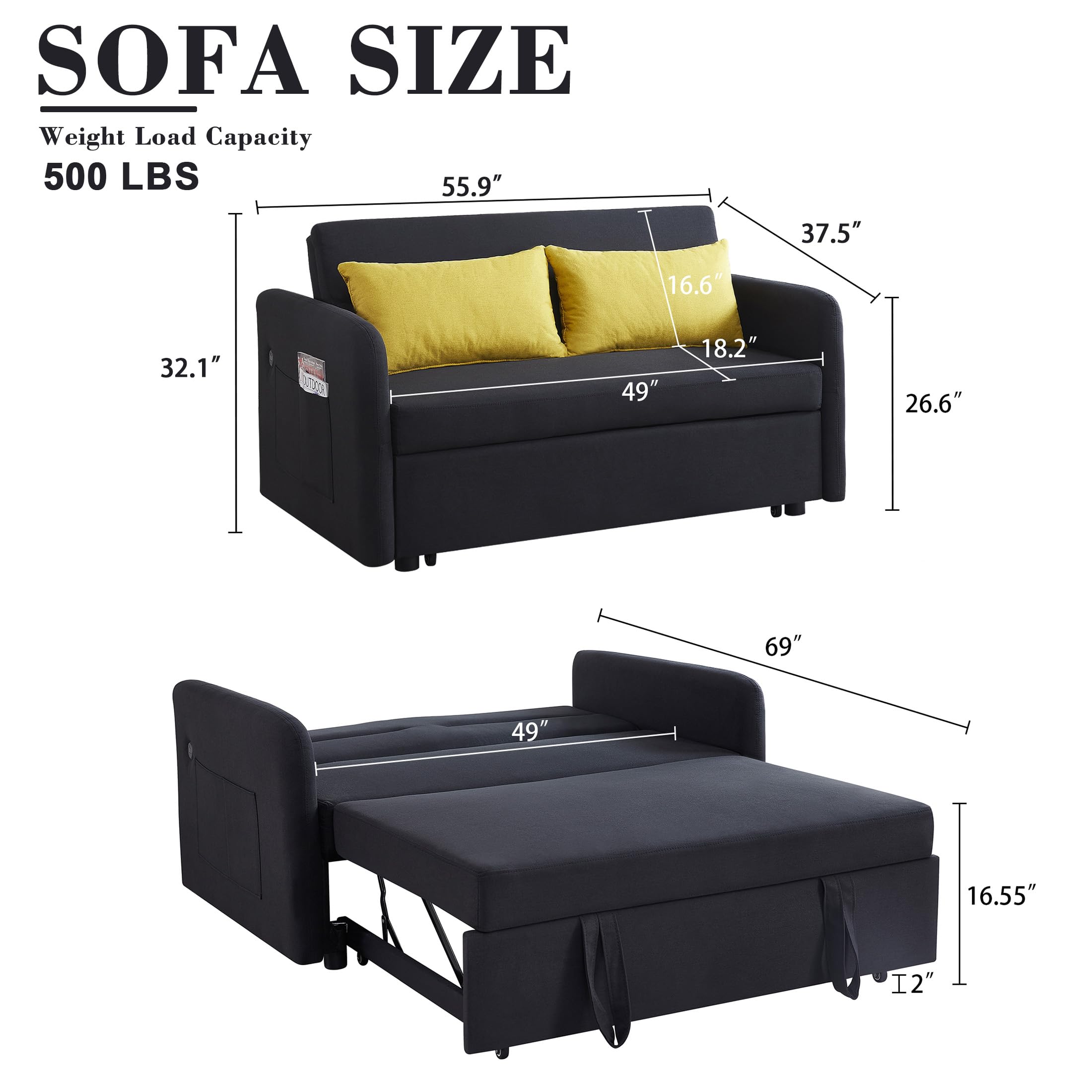 SumKea Loveseat Sleeper, Velvet Convertible Futon Bed, with Adjustable Backrest, Pillows, Pockets for Living Room, Apartment, 3-in-1 55.8", Blue