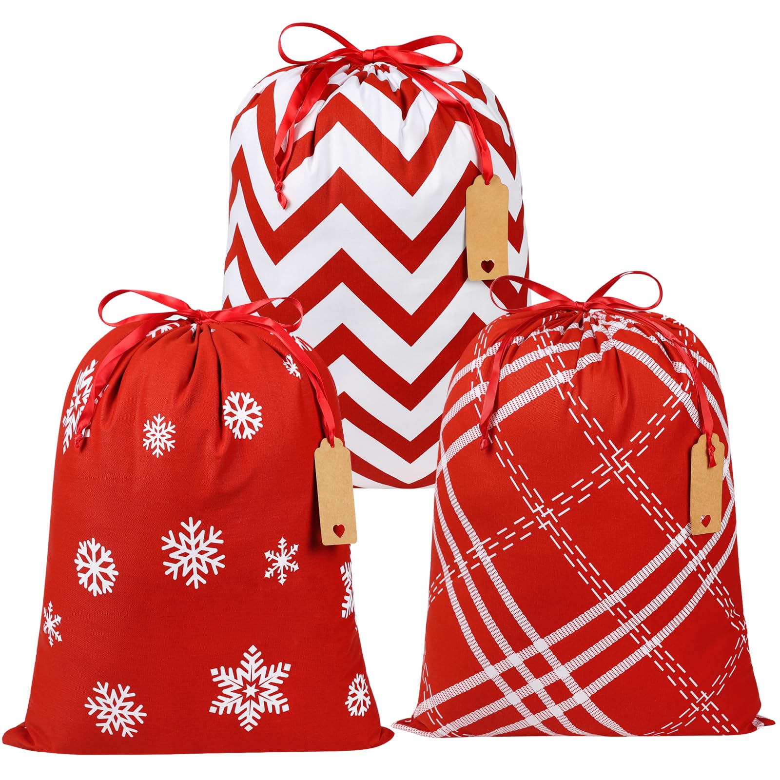Shintop Cotton Christmas Gift Bags Drawstring, 3pcs 20x16inch Reusable Fabric Wrapping Sacks Cloth Holiday Pouches with Tags for Odd Shaped Presents