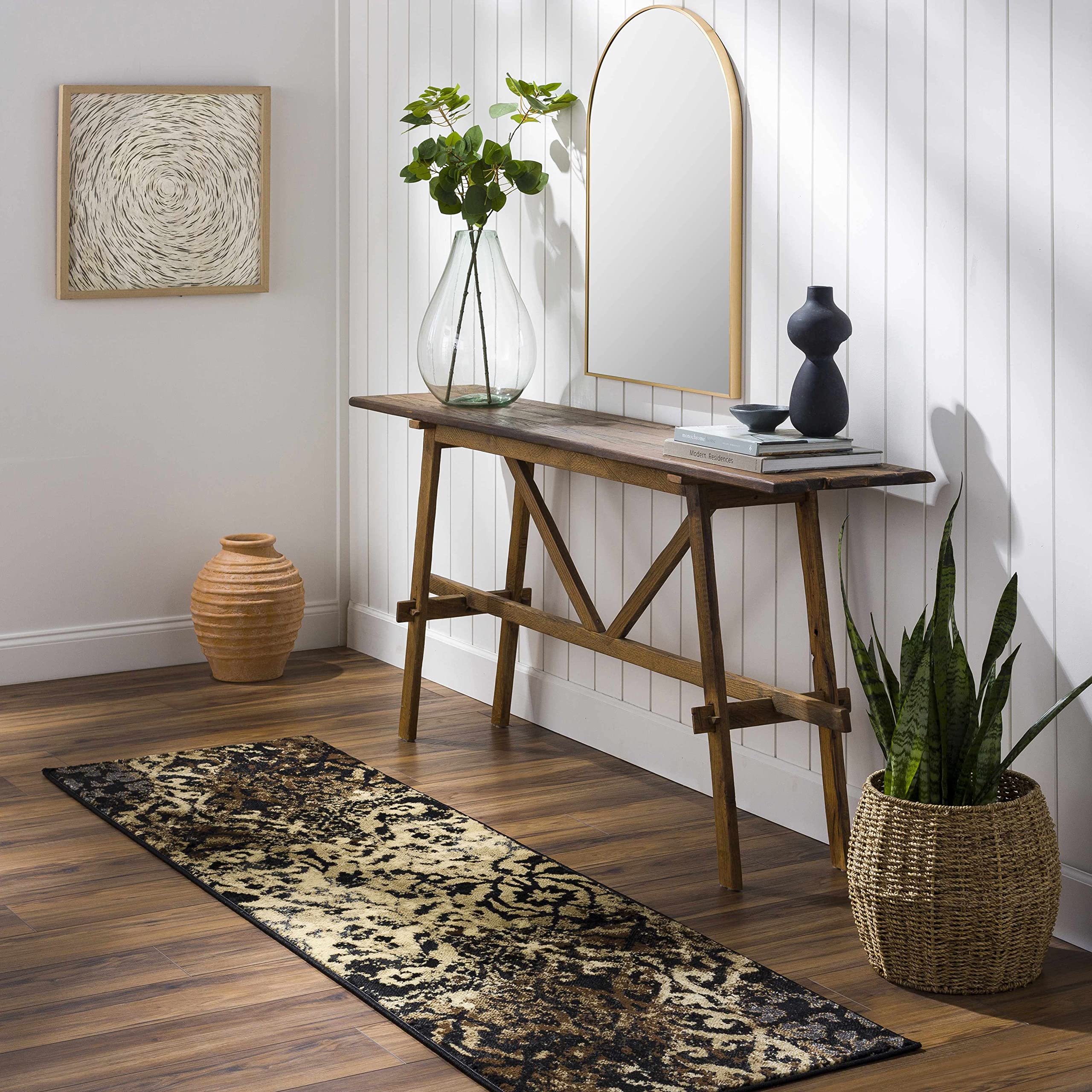 Hauteloom Lawtell Transitional Hallway, Entryway Runner Rug - Mid Century Modern Carpet - Traditional Classical Look - Black, Light Brown, Dark Brown, Tan - 2'2" x 7'7"