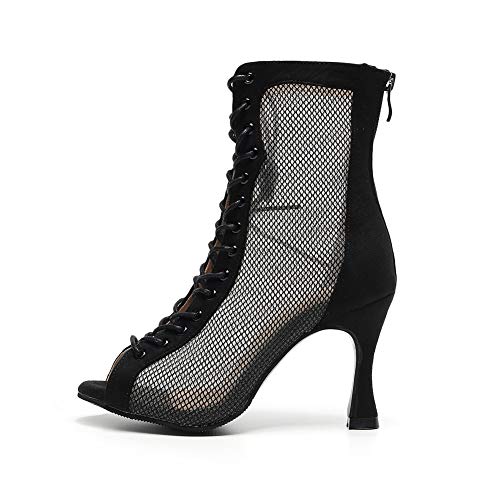 HROYL Open Toe Dance Boots Women Latin Salsa Ballroom Lace-up Ankle Dance Shoes,QJW7179-Black-8.3,US8