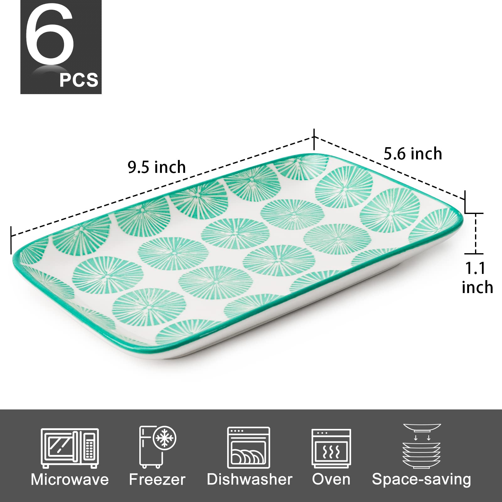 KitchenTour Rectangular Serving Platter, 9.5 inch Appetizer Plates Ceramic Dinner Plates Serving Trays Set of 6 for Salad, Sushi, Fruit, Microwave and Dishwasher Safe