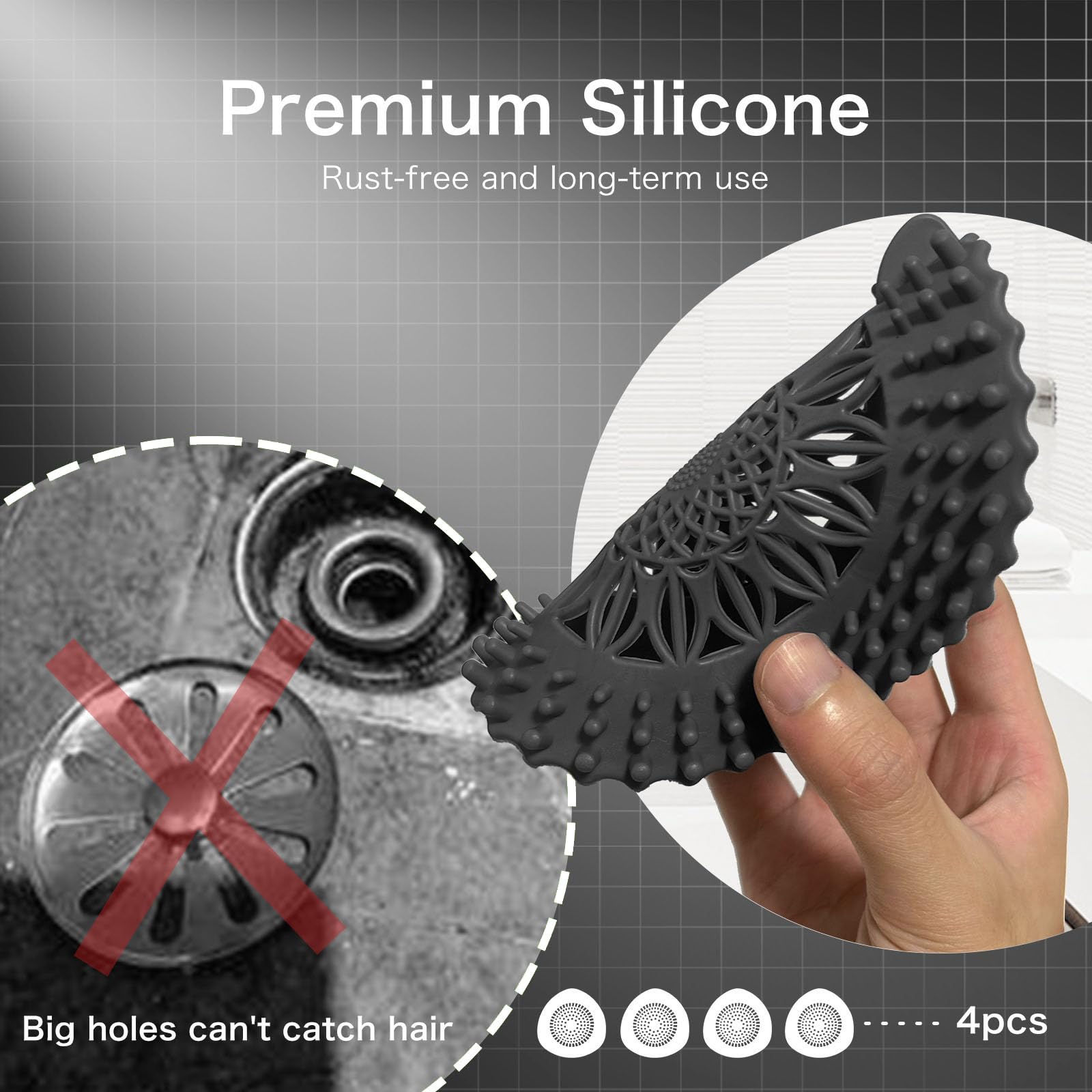 Shower Drain Cover Hair Catcher Shower Drain Hair Catcher, Silicone Hair Stopper for Bathtub Drain Bathroom Kitchen Sink, 4 Pack (Black)