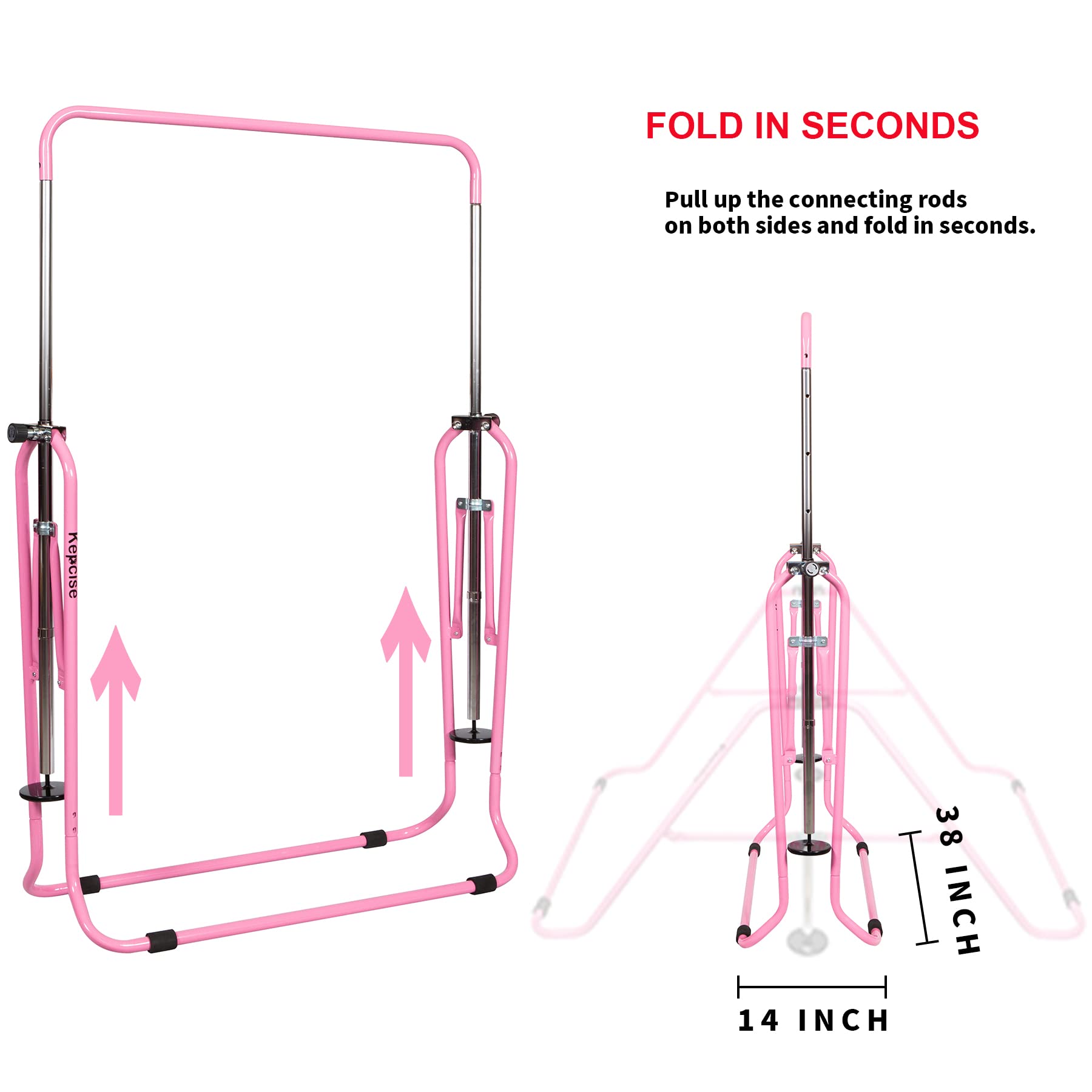 Kepcise Expandable Gymnastics Bar, Folding Horizontal Kip Bar with 3 to 4.2 FT Adjustable Height, Home Indoor Training Monkey Bar Equipment with Triangular Structure for Kids Gymnasts Beginner(Pink)