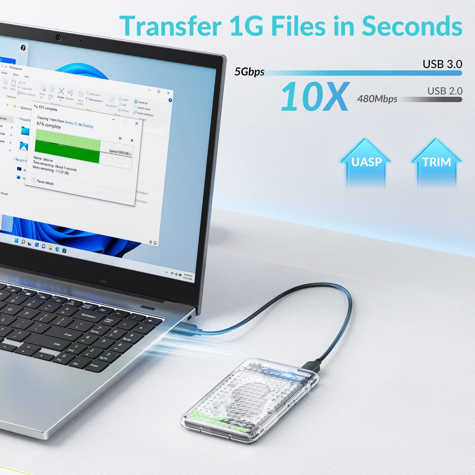 PHIXERO 2.5" Hard Drive Enclosure, 6Gbps USB 3.1 Gen 1 to SATA III Tool-Free SSD Hard Drive Enclosure for 2.5 inch 7mm/9.5mm SATA HDD & SSD [UASP Supported] Transparent