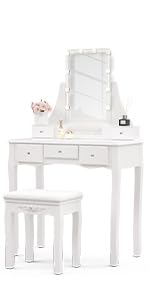 GinguoHome Vanity Set with Lighted Mirror Dimming, Makeup Vanity w/Touch Screen Switch,Dressing Table with Cushioned Stool&5 Drawers,3 Removable Dividers for Bedroom Vanity Desk White