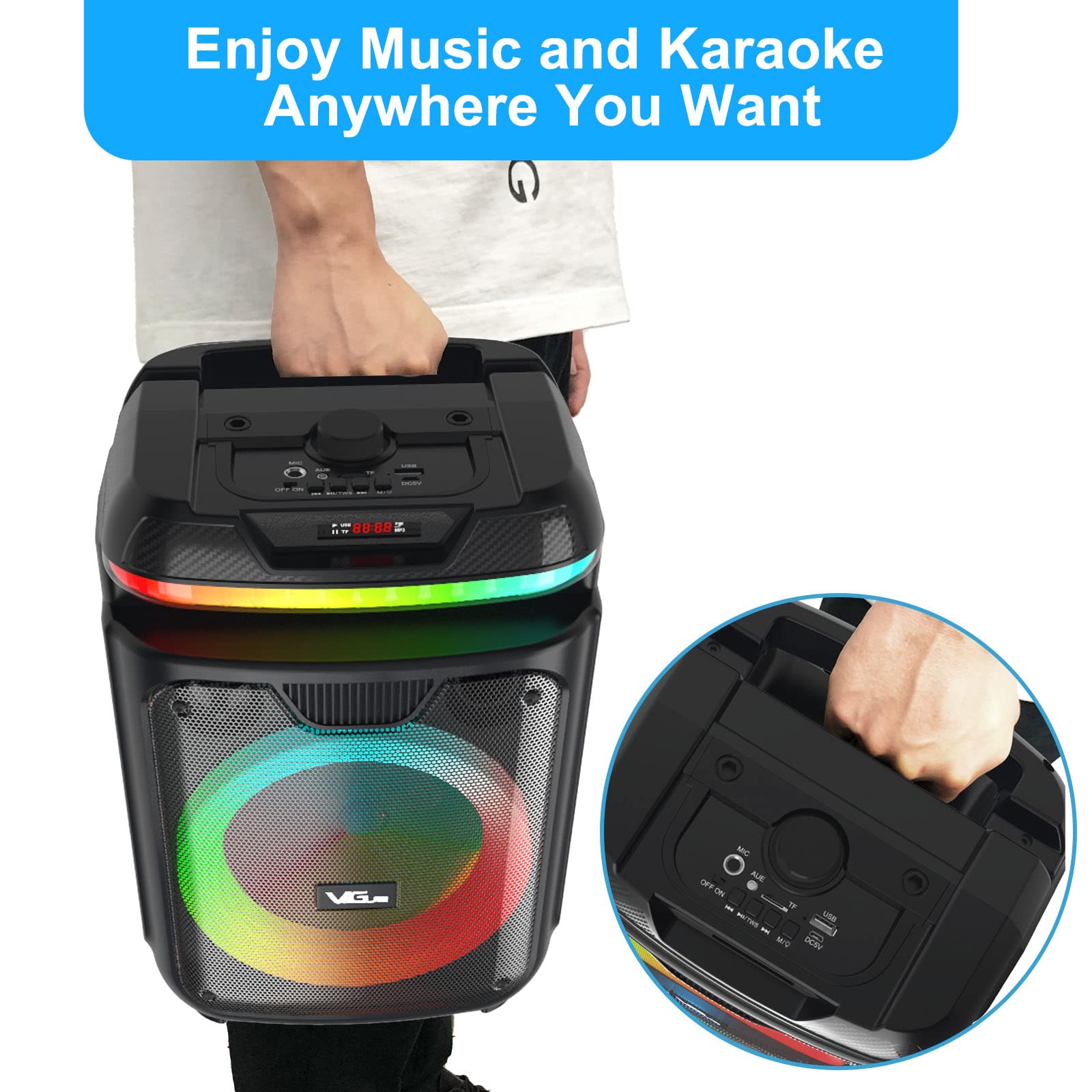 Karaoke Machine for Kids, VeGue Portable Bluetooth Speaker PA System with Wired Microphone, LED Party Lights, FM Radio, Remote Control, TWS, Rechargeable, Supports AUX/TF Card/USB (VS-0503)