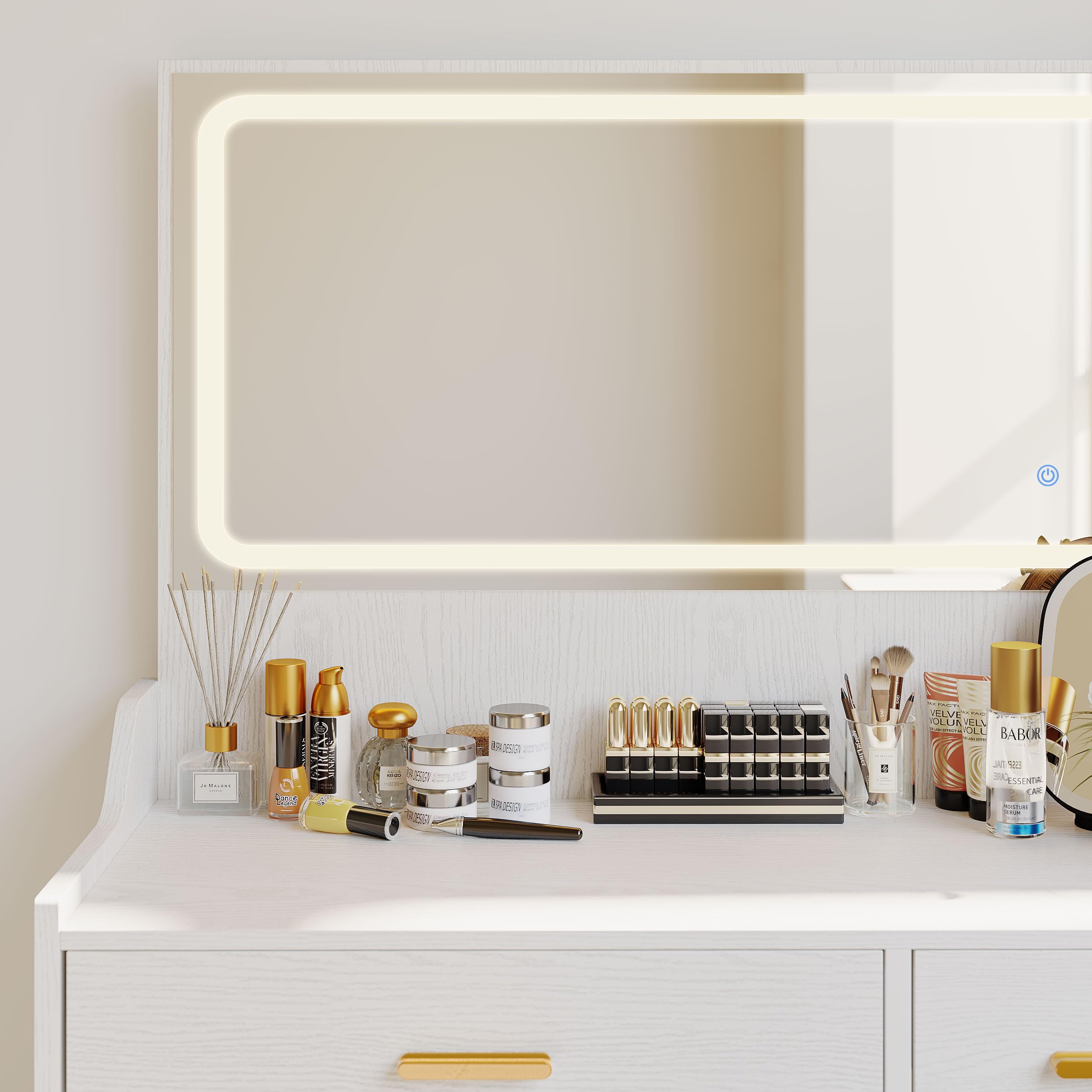 senlin Makeup Vanity Desk with Lights, Chair, and Power Outlet, Small Vanity with Lighted Mirror, Makeup Table with Mirror, Girls Vanity Set, Vanity Desk, Modern Makeup Vanity with Lights(White)