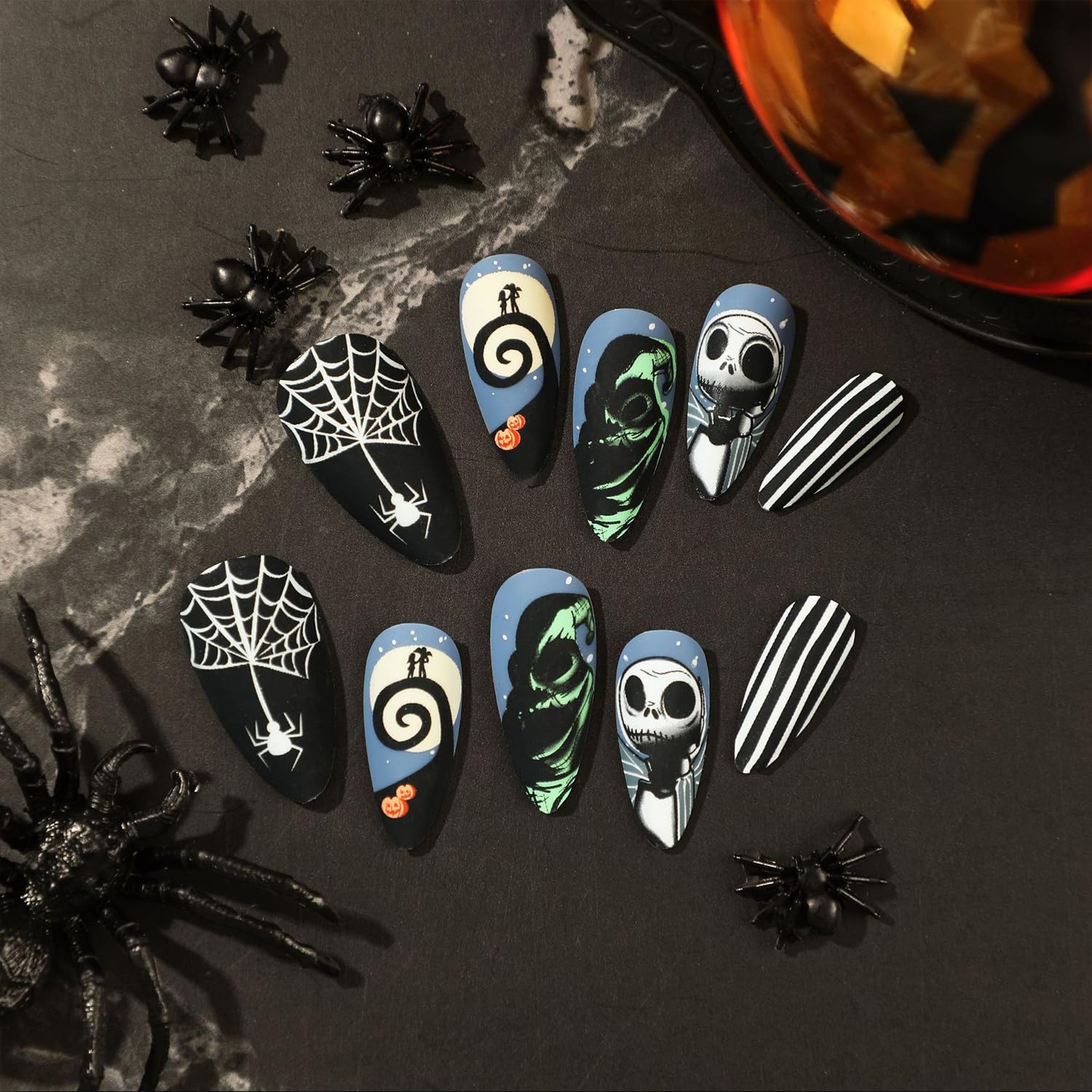 Halloween Press on nails Almond Medium Matte Fake Nails Nightmare Before Christmas Nails Full Cover False Nails with Spider Pumpkin Spider Web Designs Acrylic Glue on Nails for Women 24Pcs