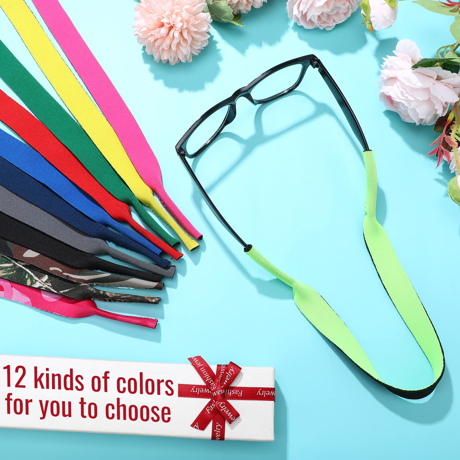 Kanayu 24 Pcs Floating Bulk Sunglass Strap Eyewear Retainer Durable Floating Glasses Strap Adjustable Sports Eyeglasses Strap for Men Women, 12 Colors