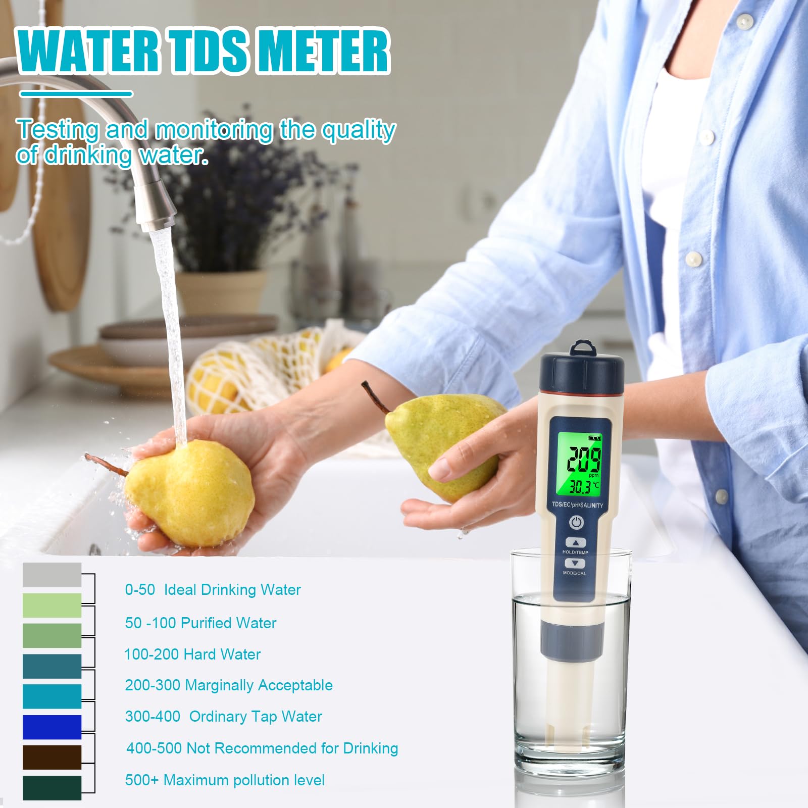 PH Meter & TDS Meter, 5 in 1 Salinity PH Temp EC and TDS Tester, 0.01 High Accuracy Digital Display, LCD Backlit, ATC, IP67, for Swimming Pool, Drinking Water, Hydroponics and Aquarium