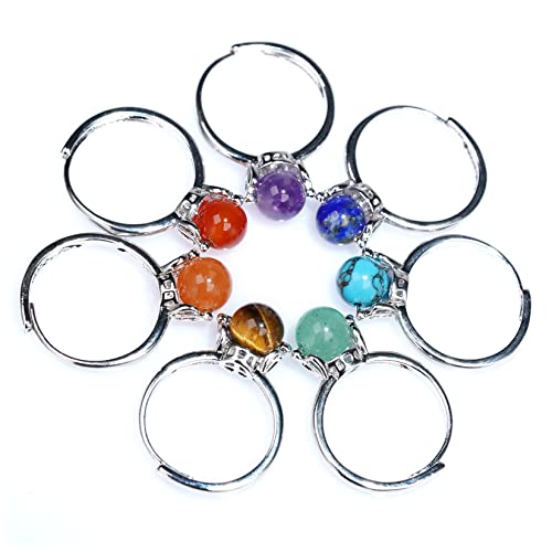 Jyotsna 1-7 PCS Natural 7 Chakra Gemstone Adjustable Statement Rings | Crown | Gems Stones 8mm Round | Beads Healing | Crystal Quartz (Chakra)