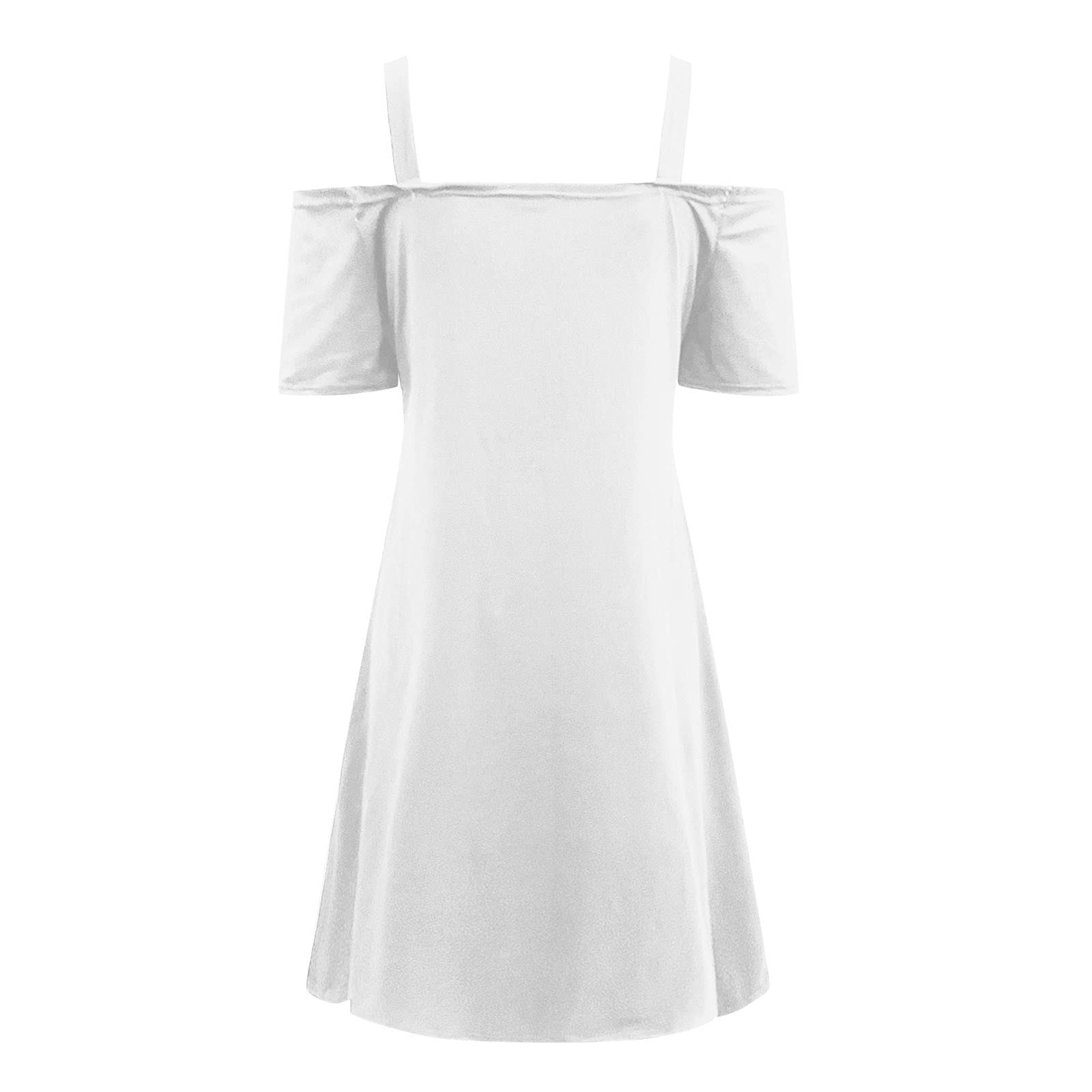 Keepfit Cold Shoulder Mini Dress for Women Short Sleeve Hoop Splicing Straps A-Line Pleated Dress White