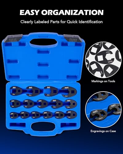 Orion Motor Tech Crowfoot Wrench Set for 8 to 24 mm Flare Nuts, Crowfoot Flare Nut Tool Kit, 15 Piece Large & Small Metric Wrench Set for 3/8" and 1/2" Drives Ratchets Extenders for Nut Removal