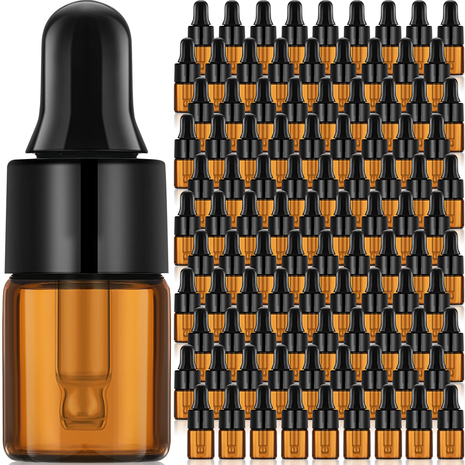 Nuogo 100 Pcs Amber Glass Mini Dropper Bottles Essential Oil Dropping Bottles Small Empty Sample Bottles Glass Vial with Dropper and Black Caps Tiny Amber Glass Bottles Perfume Jars for Traveling