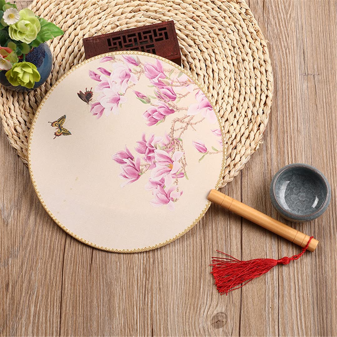 Lmtossey Single-Sided Silk Cloth Printing Chinese Style Round Fan with Wooden Handle Portable Printed Vintage Fan Dance Round Fan