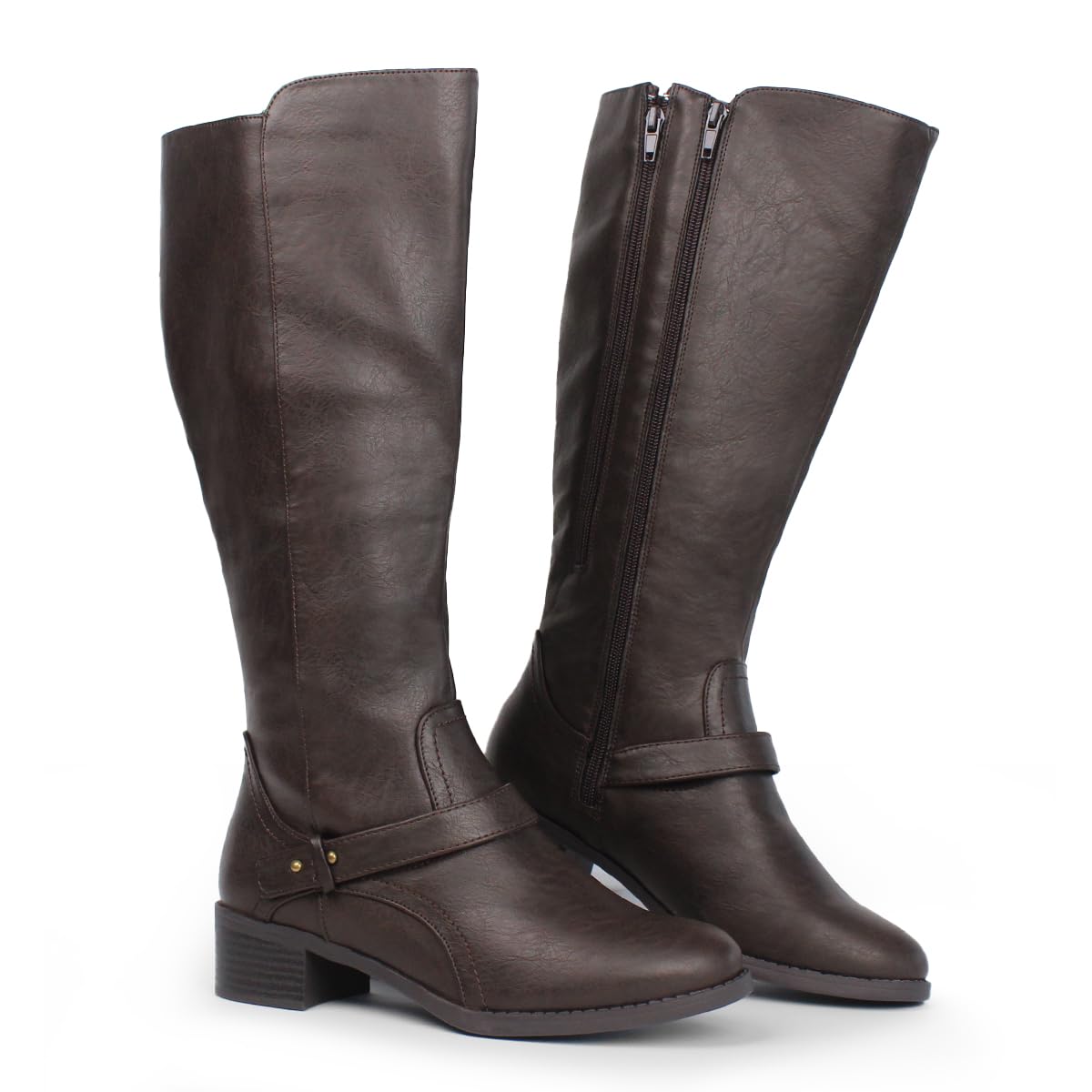 Hawkwell Women's Wide Calf Double Zipper Knee High Riding Boots, Brown PU, 7.5 M US